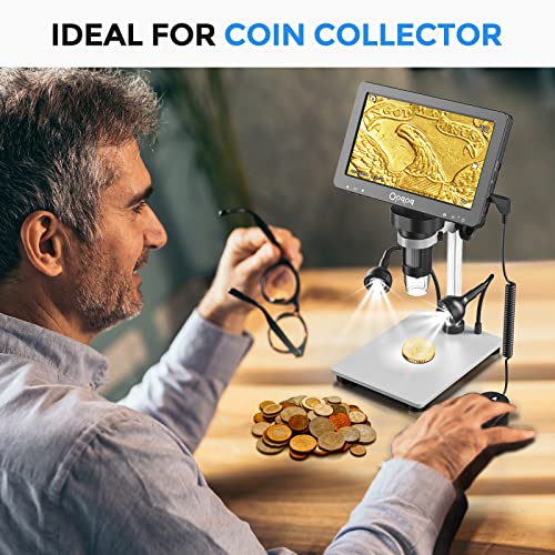 Opqpq LCD Digital Microscope 1200X, 7'' Coin Microscope for Error Coin, 1080P Soldering Microscope with 12MP Camera Sensor, Microscope for Adult with 10 LED Lights, Wired Remote, Windows/mac PC View
