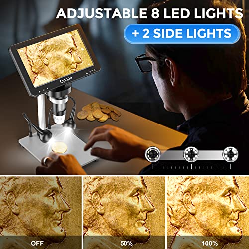 Opqpq LCD Digital Microscope 1200X, 7'' Coin Microscope for Error Coin, 1080P Soldering Microscope with 12MP Camera Sensor, Microscope for Adult with 10 LED Lights, Wired Remote, Windows/mac PC View