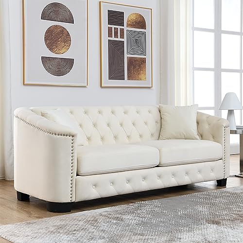 EMKK 77" Chesterfield Velvet Sofa, 3-Seater Upholstered Couches Tufted Backrests with Nailhead Arms and 2 Cushions for Living Room, Bedroom, Apartment, Office, G-Beige
