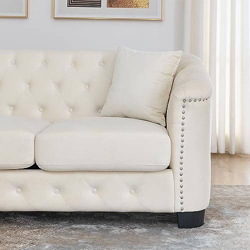 EMKK 77" Chesterfield Velvet Sofa, 3-Seater Upholstered Couches Tufted Backrests with Nailhead Arms and 2 Cushions for Living Room, Bedroom, Apartment, Office, G-Beige