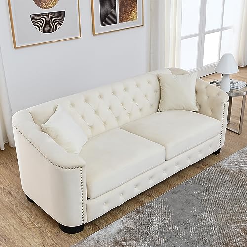 EMKK 77" Chesterfield Velvet Sofa, 3-Seater Upholstered Couches Tufted Backrests with Nailhead Arms and 2 Cushions for Living Room, Bedroom, Apartment, Office, G-Beige