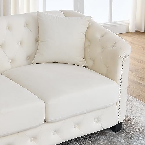 EMKK 77" Chesterfield Velvet Sofa, 3-Seater Upholstered Couches Tufted Backrests with Nailhead Arms and 2 Cushions for Living Room, Bedroom, Apartment, Office, G-Beige