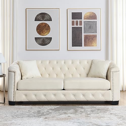 EMKK 77" Chesterfield Velvet Sofa, 3-Seater Upholstered Couches Tufted Backrests with Nailhead Arms and 2 Cushions for Living Room, Bedroom, Apartment, Office, G-Beige