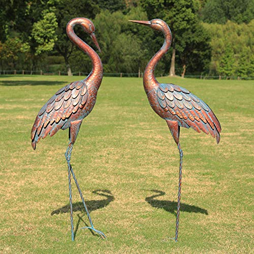 Kircust Garden Crane Statues Patina Heron Decoy, Standing Metal Crane Sculptures Bird Yard Art for Outdoor Decor, Set of 2