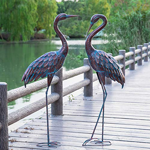 Kircust Garden Crane Statues Patina Heron Decoy, Standing Metal Crane Sculptures Bird Yard Art for Outdoor Decor, Set of 2