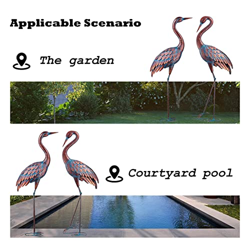 Kircust Garden Crane Statues Patina Heron Decoy, Standing Metal Crane Sculptures Bird Yard Art for Outdoor Decor, Set of 2