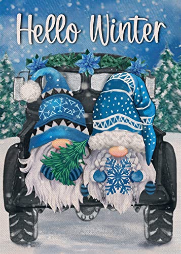 Covido Home Decorative Hello Winter Blue Gnome Garden Flag, Black Truck Yard Outside Decorations, Pickup Outdoor Small Decor Double Sided 12x18