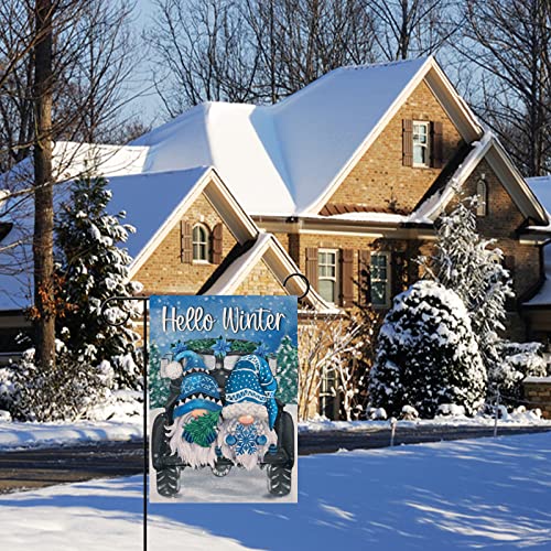 Covido Home Decorative Hello Winter Blue Gnome Garden Flag, Black Truck Yard Outside Decorations, Pickup Outdoor Small Decor Double Sided 12x18