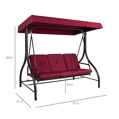 Best Choice Products 3-Seat Outdoor Large Converting Canopy Swing Glider, Patio Hammock Lounge Chair for Porch, Backyard w/Flatbed, Adjustable Shade, Removable Cushions - Burgundy