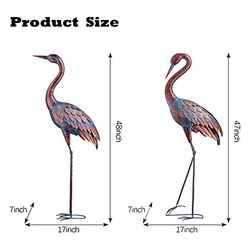 Kircust Garden Crane Statues Patina Heron Decoy, Standing Metal Crane Sculptures Bird Yard Art for Outdoor Decor, Set of 2