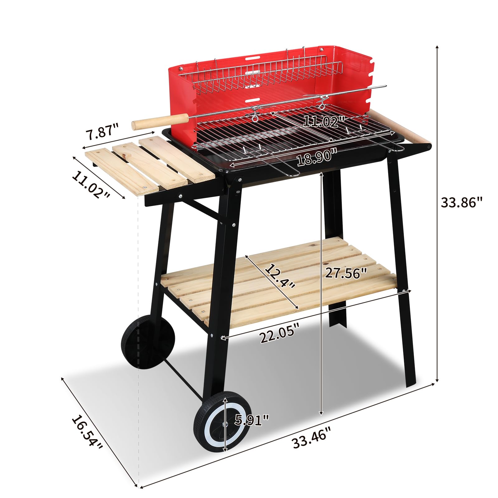 Charcoal BBQ Grill Medium Barbecue Box Grill with Side-tables and Wheels. Four Legs With Wheels Square Enamel Charcoal Oven Black Red