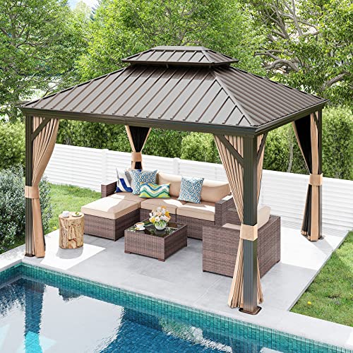 Patiorama 10’ x 12’ Hardtop Gazebo, Outdoor Aluminum Gazebo with Galvanized Steel Double Vented Roof Canopy, W/Shaded Curtains and Netting, Pergola for Patio, Garden, Yard, Lawn,Party, BBQ (Brown)
