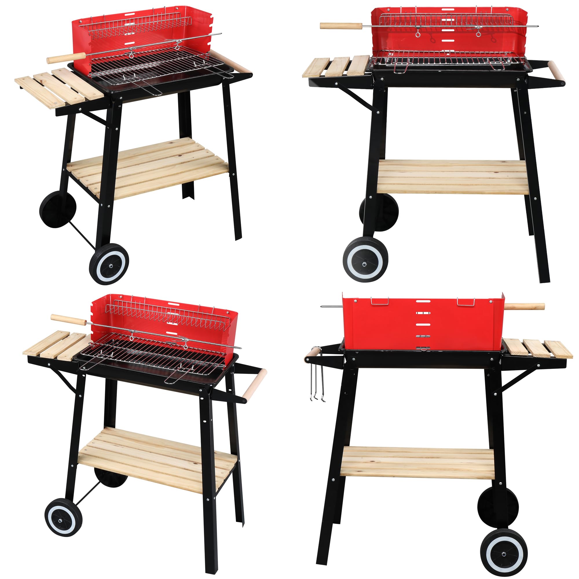 Charcoal BBQ Grill Medium Barbecue Box Grill with Side-tables and Wheels. Four Legs With Wheels Square Enamel Charcoal Oven Black Red