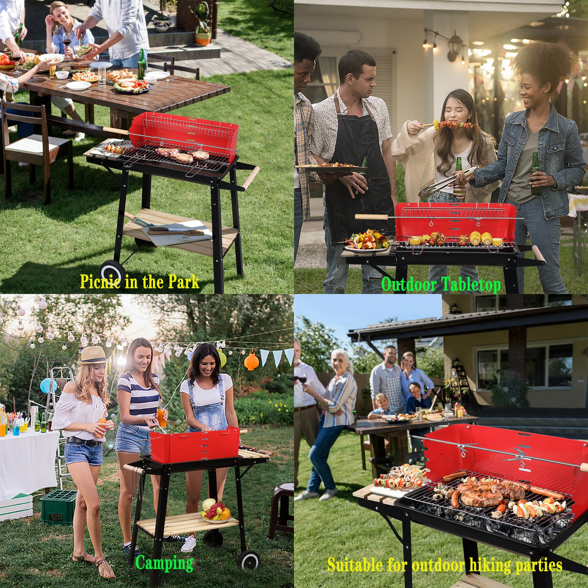 Charcoal BBQ Grill Medium Barbecue Box Grill with Side-tables and Wheels. Four Legs With Wheels Square Enamel Charcoal Oven Black Red