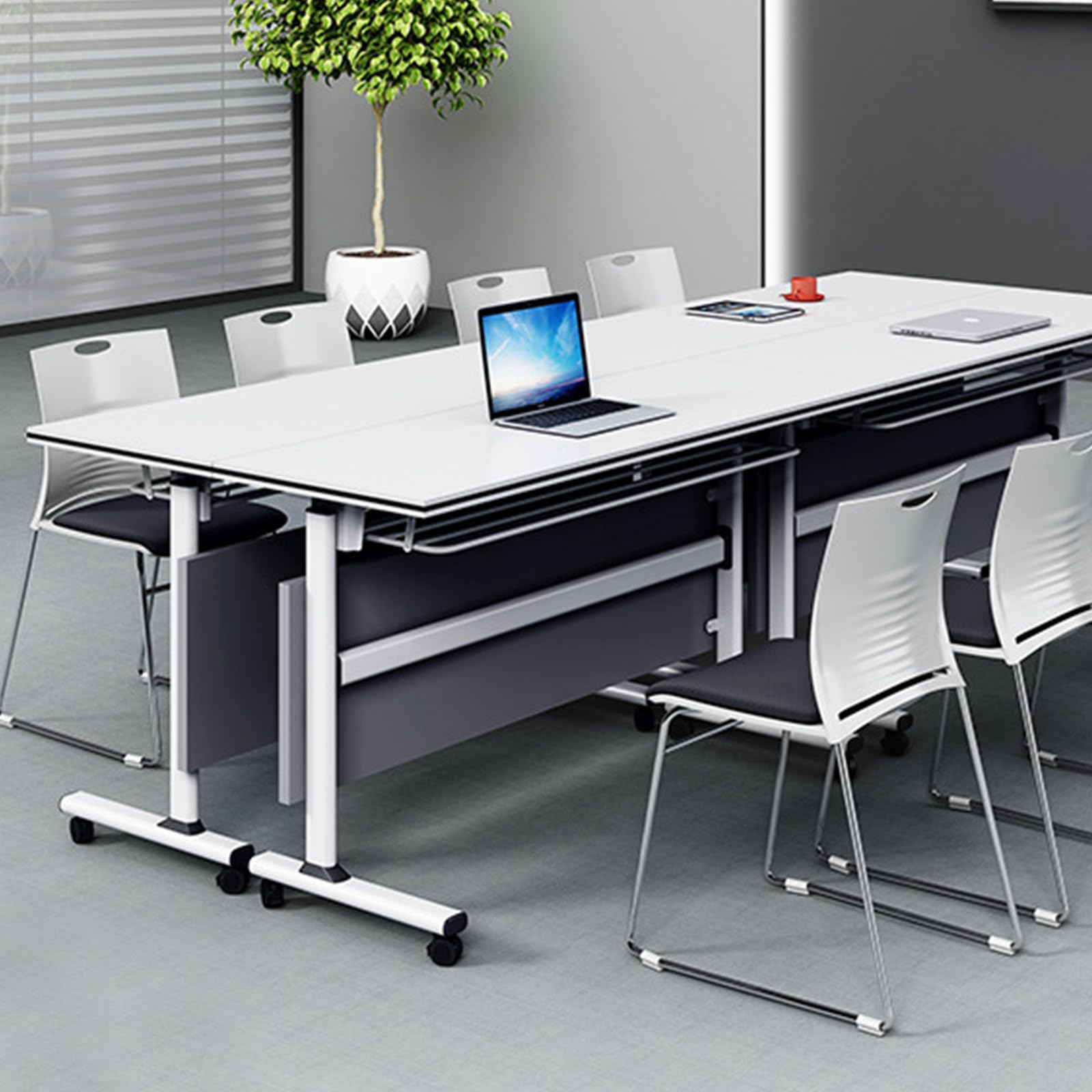 Foldable Meeting Table Set of 2, Conference Rooms Training Rooms Flip Top Mobile Training Table, Rectangular Rolling Splicing Multifunctional Computer Desk(2pcs 47.2inx19.7inx29.5in, White)