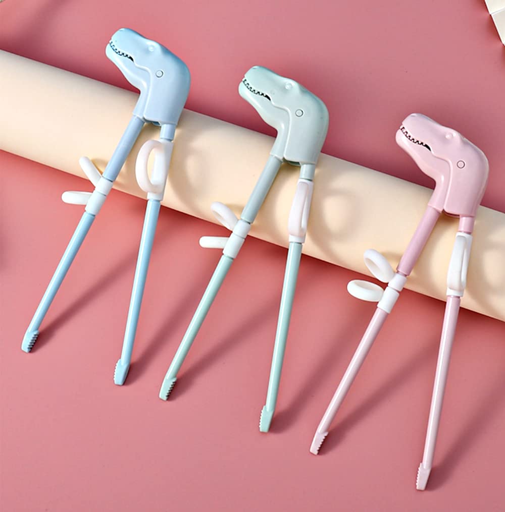 Training Chopsticks for Kids, Jawbush 3 Pairs Kids Learning Chopsticks, Cute with Dinosaur Head, Non-slippery Indented Tips and Adjustable Finger Holders, Easy to Use and Clean, Dishwasher Safe