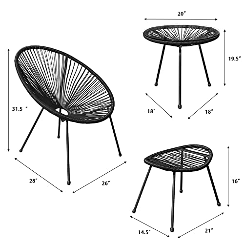 Devoko 5 Piece Outdoor Furniture Set Acapulco Modern All-Weather Conversation Set, 2 Chairs and 1 Glass Table with 2 Footrest for Indoor, Patio, Lawn, Garden, Poolside (Black)