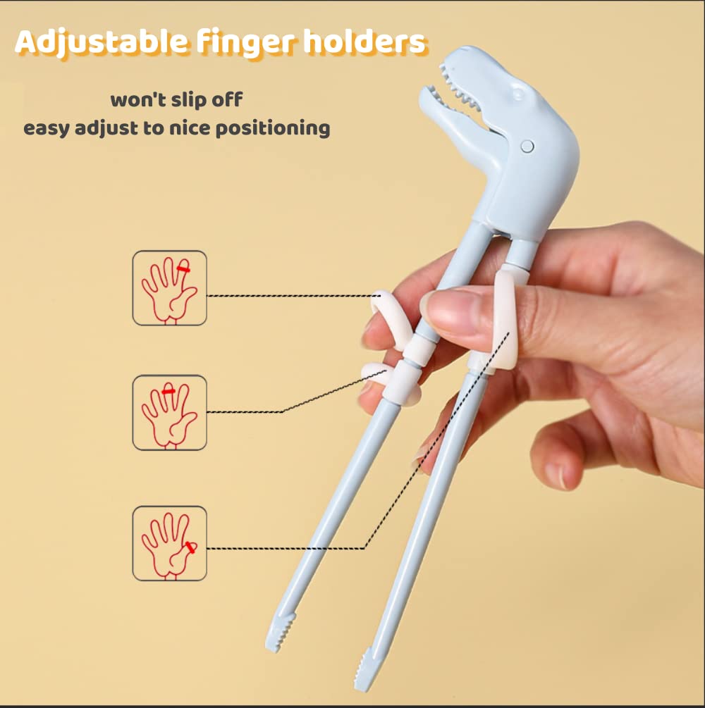 Training Chopsticks for Kids, Jawbush 3 Pairs Kids Learning Chopsticks, Cute with Dinosaur Head, Non-slippery Indented Tips and Adjustable Finger Holders, Easy to Use and Clean, Dishwasher Safe