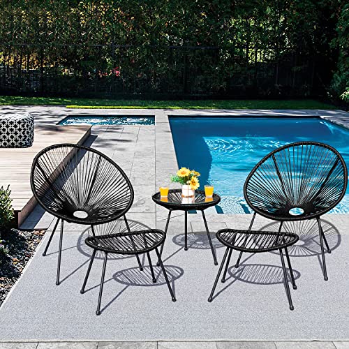 Devoko 5 Piece Outdoor Furniture Set Acapulco Modern All-Weather Conversation Set, 2 Chairs and 1 Glass Table with 2 Footrest for Indoor, Patio, Lawn, Garden, Poolside (Black)