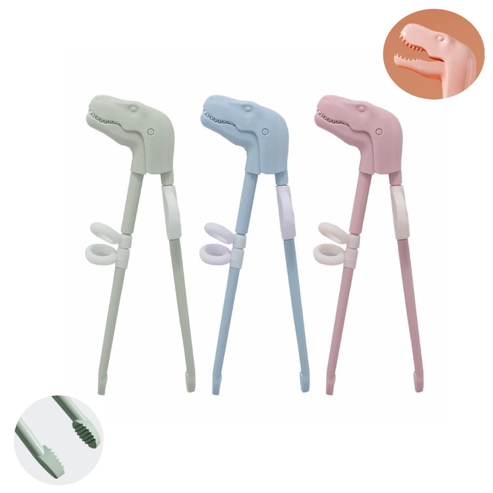 Training Chopsticks for Kids, Jawbush 3 Pairs Kids Learning Chopsticks, Cute with Dinosaur Head, Non-slippery Indented Tips and Adjustable Finger Holders, Easy to Use and Clean, Dishwasher Safe