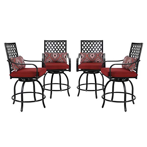 PHI VILLA Patio Outdoor Swivel Bar Stools Set of 4, Patio Bar Height Bistro Dining Chairs All Weather Metal Garden Furniture Sets with Cushion and Armrest, Red