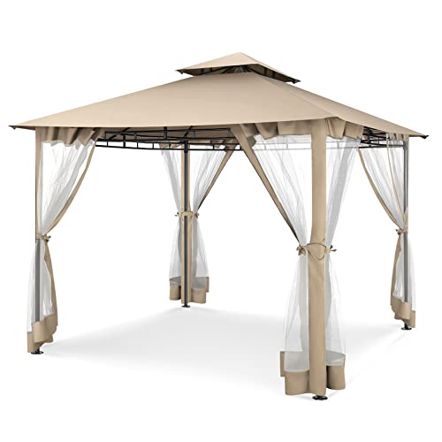 Tooluck Patio Gazebo with Mosquito Netting Outdoor Gazebo 10 Ft x 10 Ft Canopy Tent Double Roof Tops for Party, Backyard, Patio Lawn and Garden
