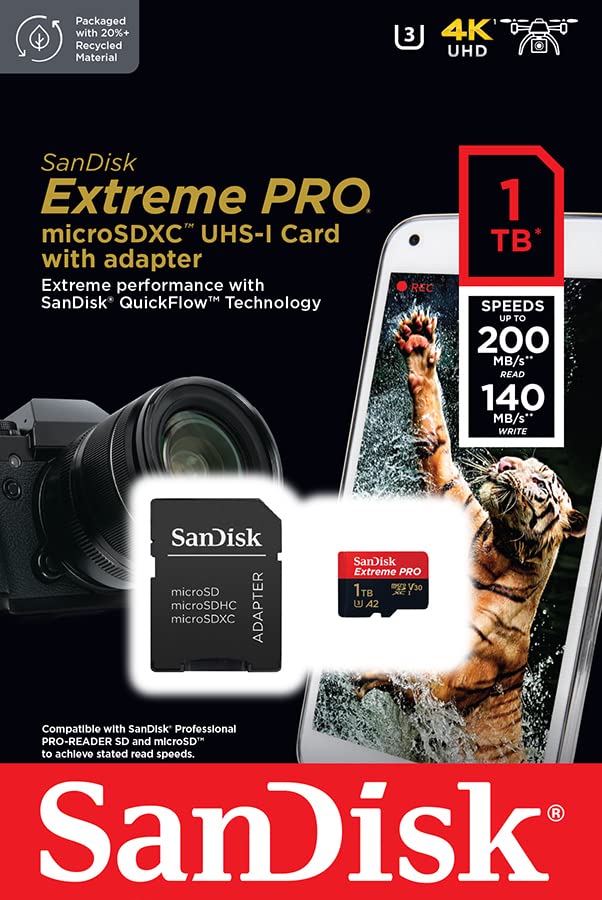 SanDisk 1TB Quick Flow Technology Extreme PRO microSD with Adapter C10, U3, V30, A2, 200MB Read Speed 140 MB Write Speed UHS-I Card