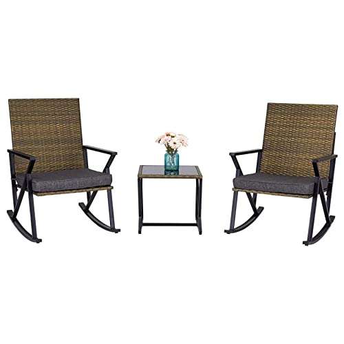 3-Piece Rattan Rocker Chair Outdoor Garden Bistro Set Rocking Chair Wicker Lounge with Cushion and Coffee Table (Dark Grey)