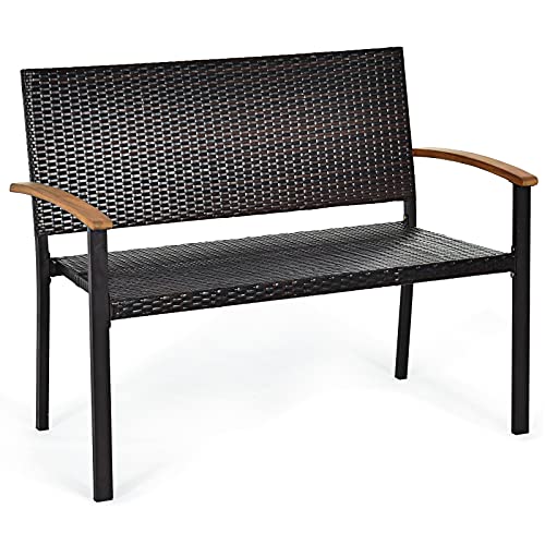Tangkula Patio Wicker Bench, All Weather Rattan Bench w/Acacia Wood Armrest, Outdoor Loveseat Chair, Lightweight Patio Stackable Dining Bench for Front Porch, Backyard, Lawn, Garden, Pool, Deck