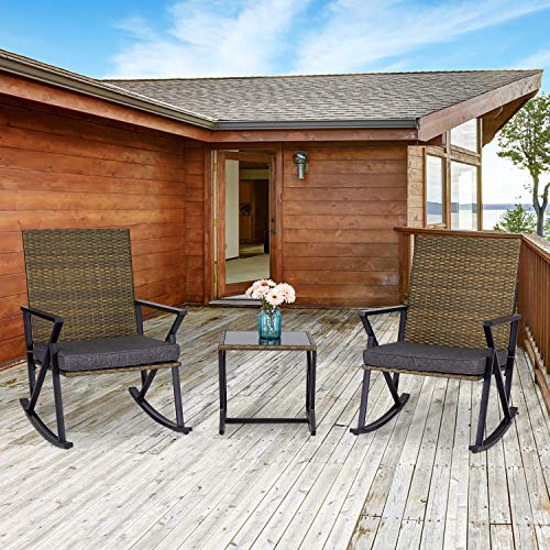 3-Piece Rattan Rocker Chair Outdoor Garden Bistro Set Rocking Chair Wicker Lounge with Cushion and Coffee Table (Dark Grey)