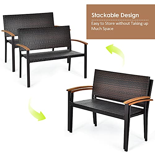 Tangkula Patio Wicker Bench, All Weather Rattan Bench w/Acacia Wood Armrest, Outdoor Loveseat Chair, Lightweight Patio Stackable Dining Bench for Front Porch, Backyard, Lawn, Garden, Pool, Deck