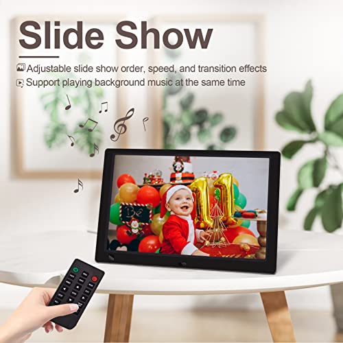 10.1 Inch Digital Picture Frame with 32GB USB Flash Drive, KECAG 1920x1080 HD IPS Screen Digital Photo Frame, Motion Sensor, Video, Music, Share Moments via SD Card or USB, with Remote Control, Black