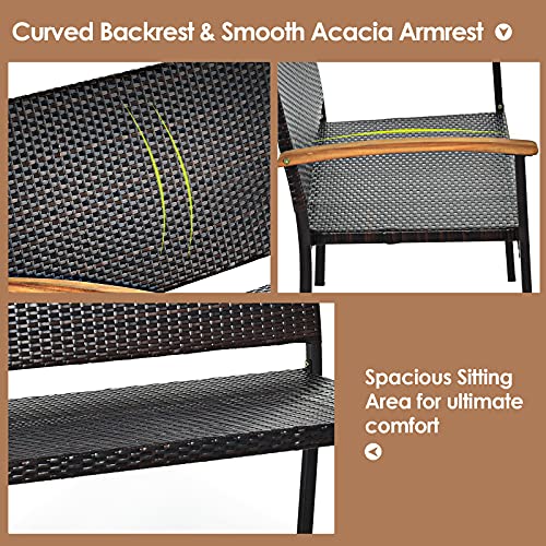 Tangkula Patio Wicker Bench, All Weather Rattan Bench w/Acacia Wood Armrest, Outdoor Loveseat Chair, Lightweight Patio Stackable Dining Bench for Front Porch, Backyard, Lawn, Garden, Pool, Deck