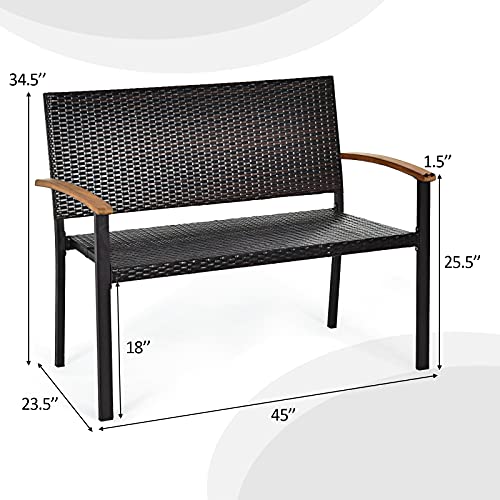 Tangkula Patio Wicker Bench, All Weather Rattan Bench w/Acacia Wood Armrest, Outdoor Loveseat Chair, Lightweight Patio Stackable Dining Bench for Front Porch, Backyard, Lawn, Garden, Pool, Deck