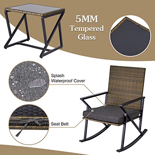 3-Piece Rattan Rocker Chair Outdoor Garden Bistro Set Rocking Chair Wicker Lounge with Cushion and Coffee Table (Dark Grey)