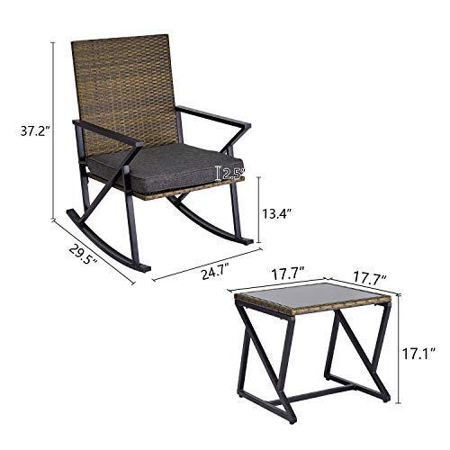 3-Piece Rattan Rocker Chair Outdoor Garden Bistro Set Rocking Chair Wicker Lounge with Cushion and Coffee Table (Dark Grey)