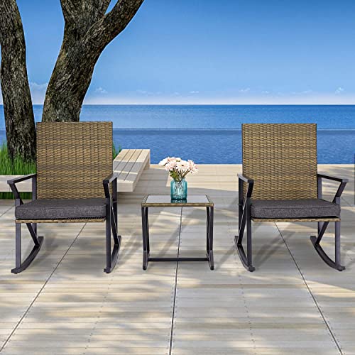 3-Piece Rattan Rocker Chair Outdoor Garden Bistro Set Rocking Chair Wicker Lounge with Cushion and Coffee Table (Dark Grey)
