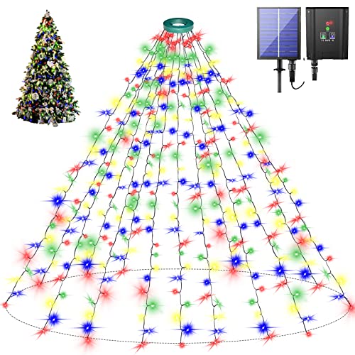 Eoako Christmas Tree Decorations Lights Outdoor - 350 LED 6.7FT x 14 Lines 8 Modes Solar Powered Christmas String Lights Waterproof for Christmas Tree, New Year, Holiday Decor Multicolor