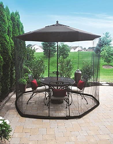 HomeRoots 9' Patio Umbrella Outdoor Table Bug Screen Mesh Black Mosquito Net Canopy Curtains Adjustable Enclosure Large Umbrella Hanging Tent 100% Polyester Light Weight Mosquito Netting