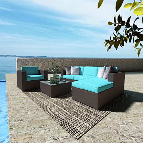 Rio AcePRO 6 Piece Patio Conversation Garden Sectional Sofa Outdoor Furniture Couch Set, Brown Wicker and Beige Cushion, Blue