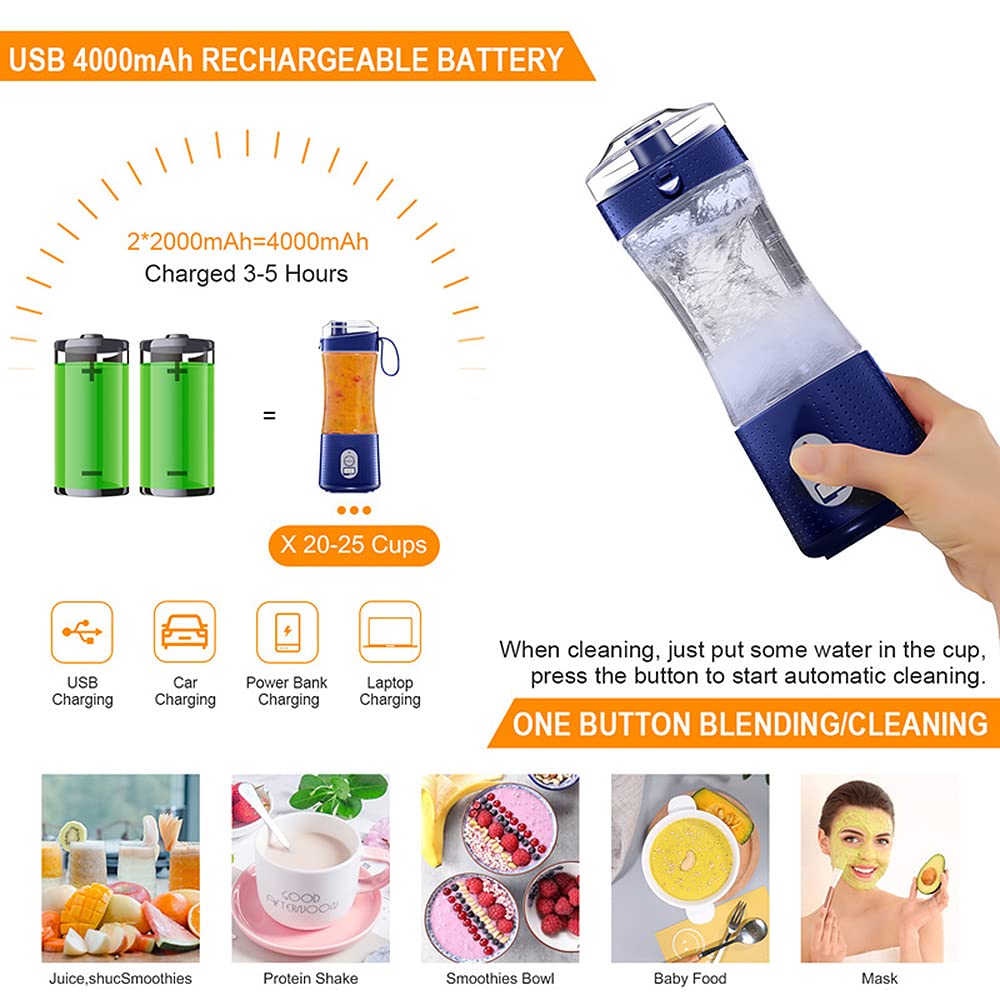 Irfora Portable Blender for Shakes and Smoothies Size Single Serve Travel Fruit Juicer Mixer Cup with Reable 4000mAh USB Reable Battery Small Electric Individual Mini Blender for Juice