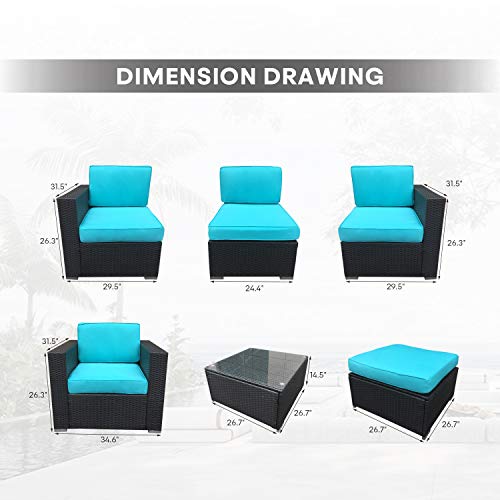 Rio AcePRO 6 Piece Patio Conversation Garden Sectional Sofa Outdoor Furniture Couch Set, Brown Wicker and Beige Cushion, Blue