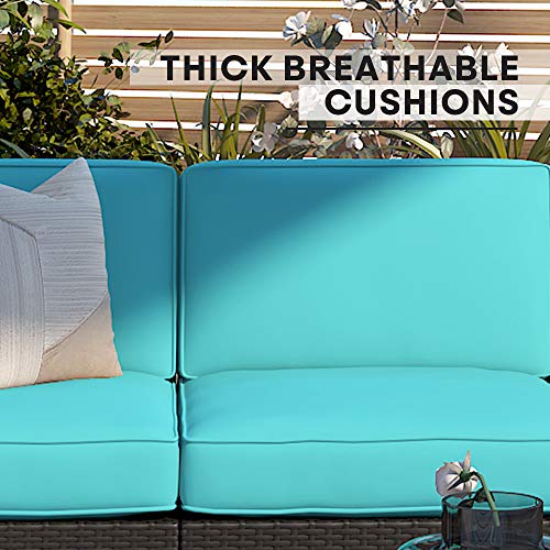 Rio AcePRO 6 Piece Patio Conversation Garden Sectional Sofa Outdoor Furniture Couch Set, Brown Wicker and Beige Cushion, Blue