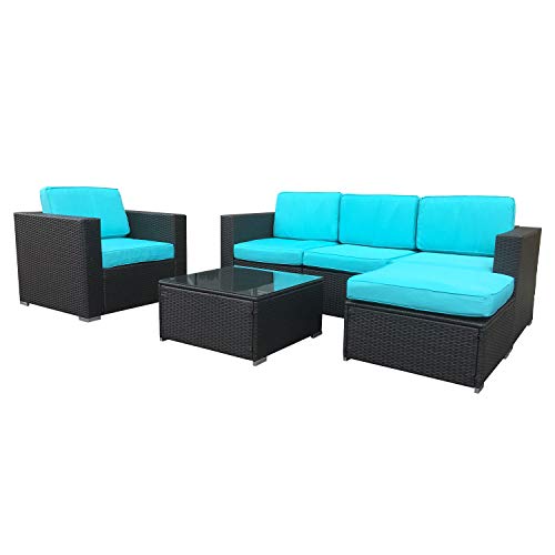 Rio AcePRO 6 Piece Patio Conversation Garden Sectional Sofa Outdoor Furniture Couch Set, Brown Wicker and Beige Cushion, Blue