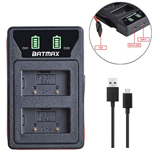 Batmax 2Pcs NB-2L NB-2LH Battery + Built-in USB LED Charger for Canon PowerShot G7 G9 S80 S70 S60 S50 S45 S40 S30, Canon DC410 DC420 EOS 350D 400D Digital Rebel XT XTi, VIXIA HF R10