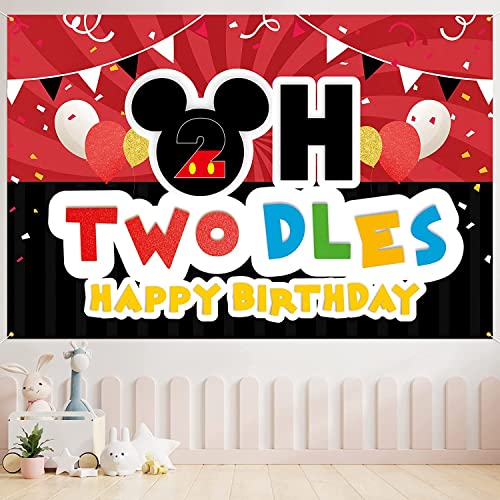Oh Twodles Backdrop Banner Red and Black Cartoon Happy 2nd Birthday Theme Party Decorations Cheer to Two Years Old Photography Background Supplies for Boys Girls