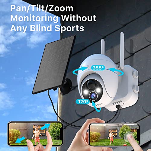 EUKI Security Cameras Wireless Outdoor, 2K Solar Security Camera System 360° PTZ with Spotlight & Siren, 2.4Ghz Outdoor Security Cameras,Color Night Vision, PIR Motion Detection, 2-Way Talk, IP66.