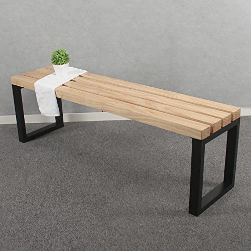 Outdoor Soild Wood Bench,55 inch Patio Picnic Bench,Oil Finished Backless Wooden Garden Park Bench for Patio Porch, Modern Slim Indoor Dining Furniture,Sandblast Finish/Rustic Metal,Log Color