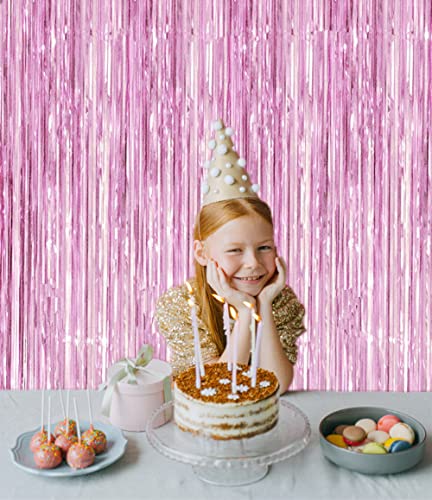 2 Pcs 3.2ft x 8.2ft Shiny Light Pink Metallic Tinsel Foil Fringe Curtains Photo Booth Backdrop for Birthday Wedding Holiday Celebration Bachelorette Party Decorations (Light Pink)