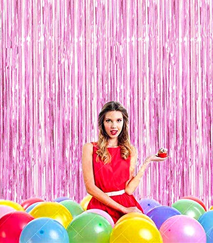 2 Pcs 3.2ft x 8.2ft Shiny Light Pink Metallic Tinsel Foil Fringe Curtains Photo Booth Backdrop for Birthday Wedding Holiday Celebration Bachelorette Party Decorations (Light Pink)